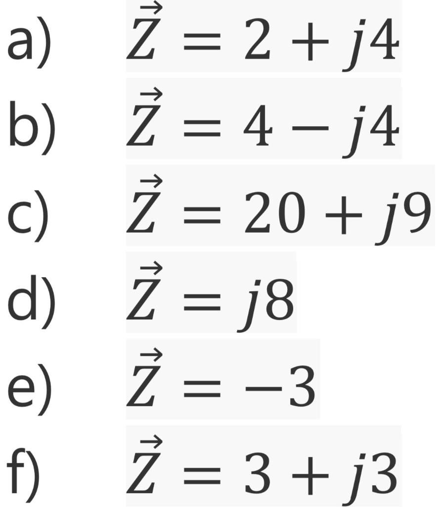 Solved Z=2+j4 Z=4−j4 Z=20+j9 Z=j8 Z=−3 Z=3+j3 | Chegg.com