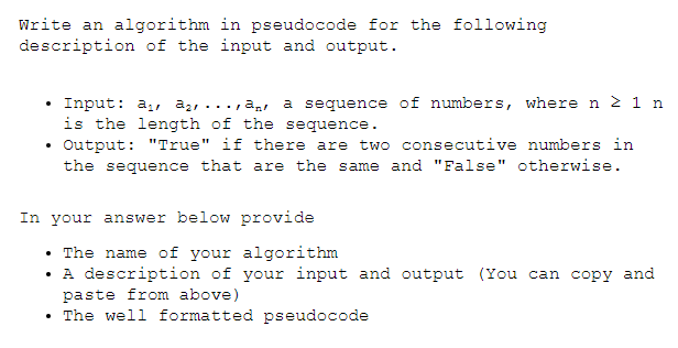 Solved Write an algorithm in pseudocode for the following | Chegg.com