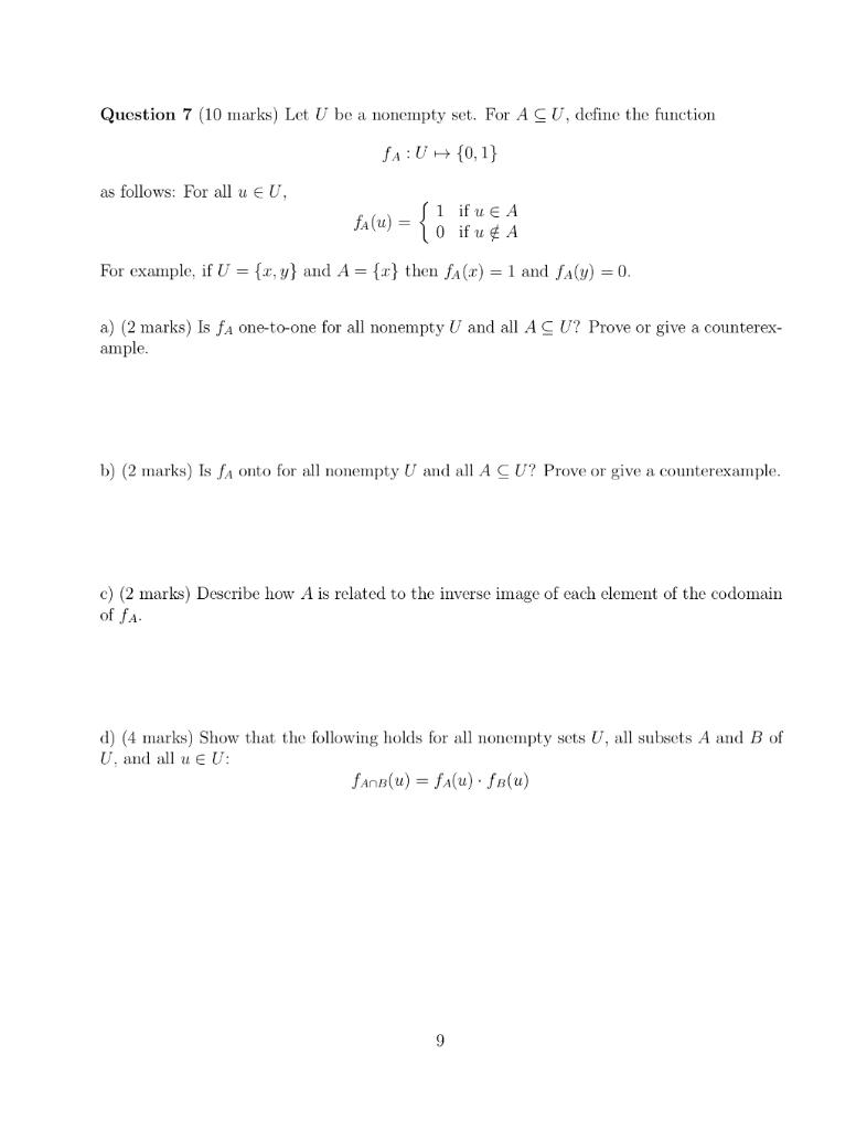 Solved Question 7 (10 marks) Let U be a nonempty set. For A | Chegg.com