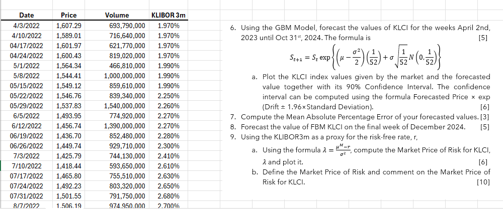 Solved Using the GBM ﻿Model, forecast the values of KLCl | Chegg.com