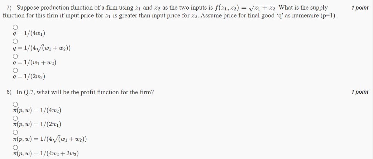 Solved 7) Suppose production function of a firm using z1 and | Chegg.com