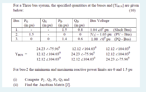 Solved For a Three bus system, the specified quantities at | Chegg.com