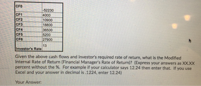 Solved CFO CF1 CF2 CF3 CF4 CF5 CF6 -52230 4000 10900 18800 | Chegg.com