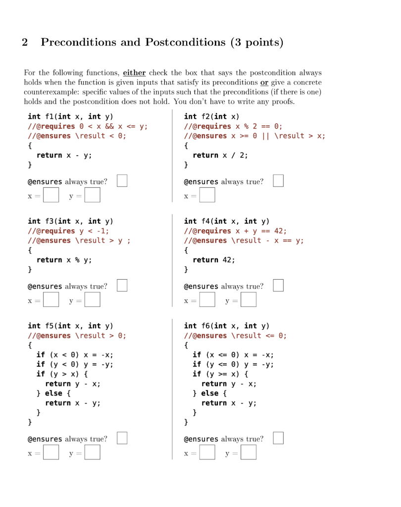Solved 2 Preconditions and Postconditions (3 points) For the | Chegg.com