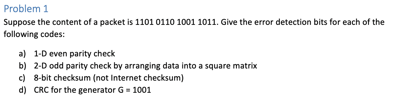 Solved Problem 1 Suppose the content of a packet is 1101 | Chegg.com