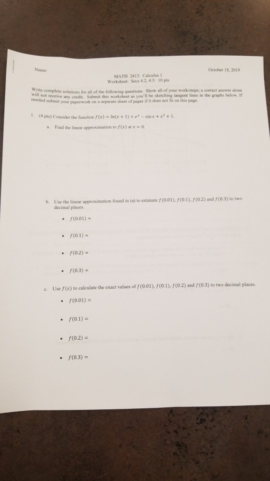 Solved Name October 18, 2019 MATH 2413: Calculus 1 | Chegg.com