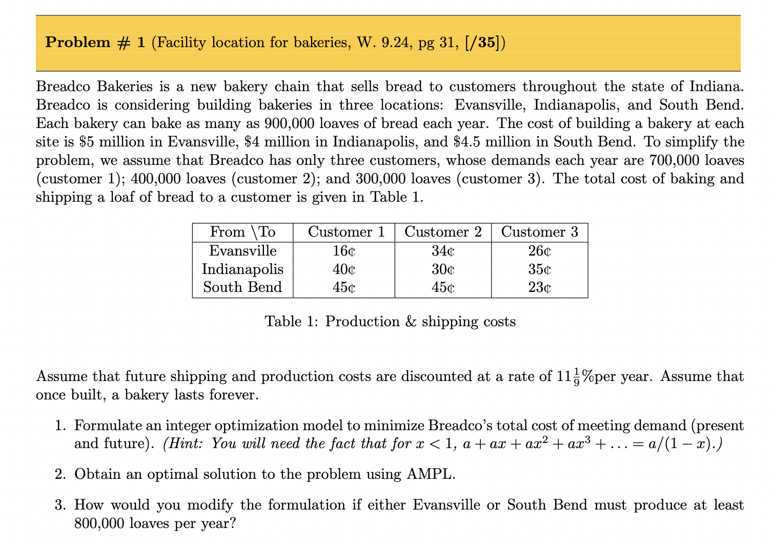 Solved Problem \# 1 (Facility location for bakeries, W. | Chegg.com