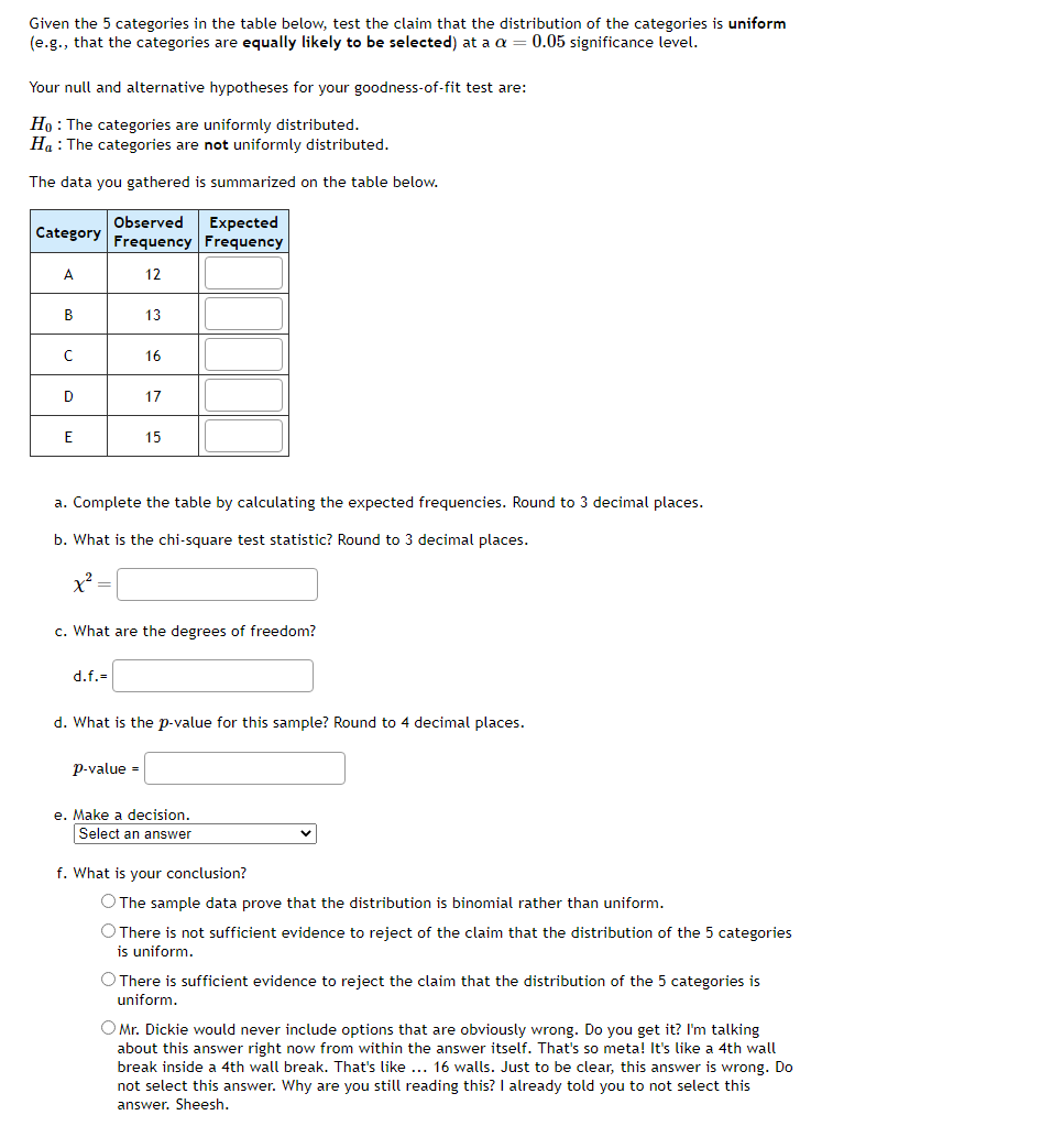 Solved Given the 5 categories in the table below, test the | Chegg.com