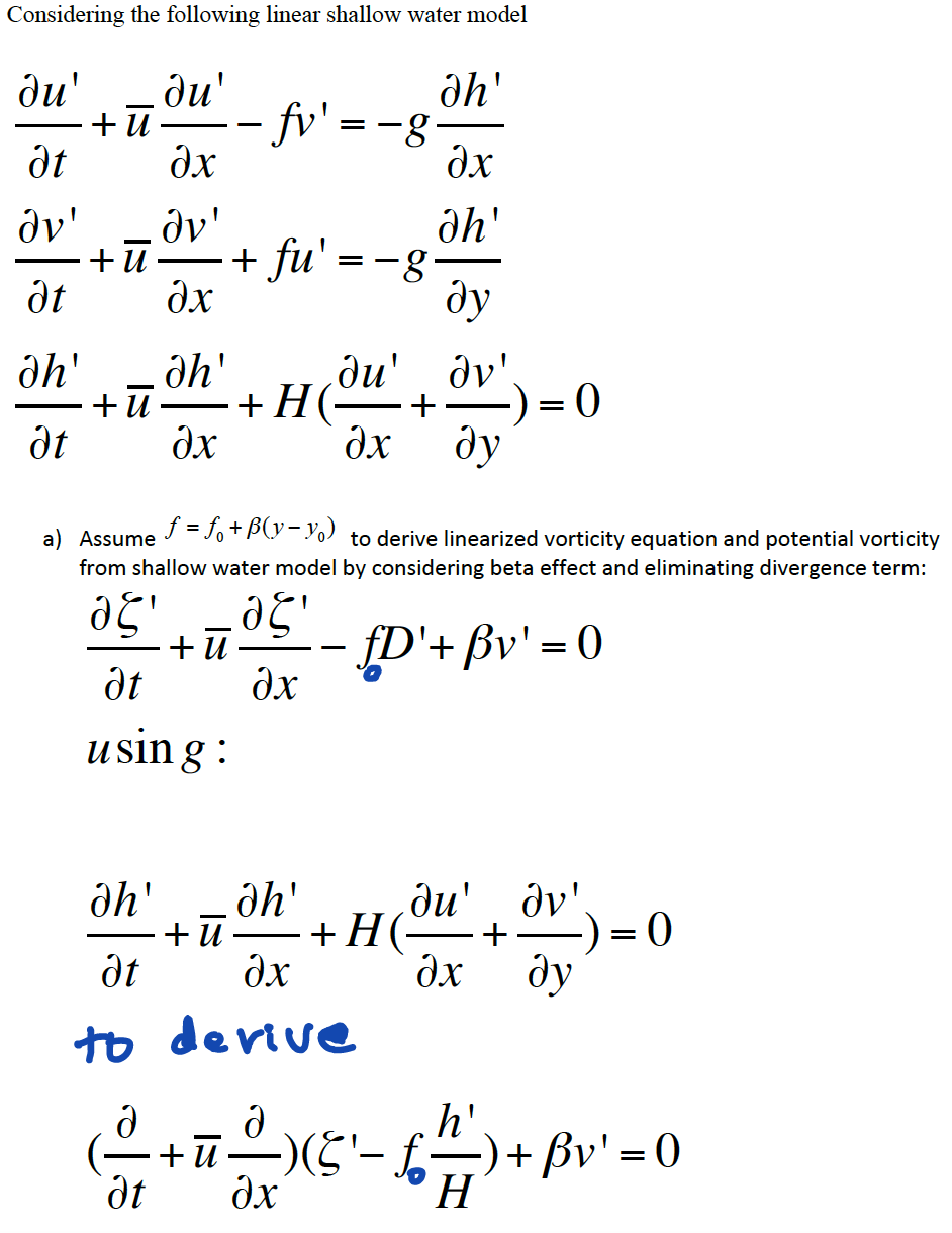Considering the following linear shallow water model | Chegg.com
