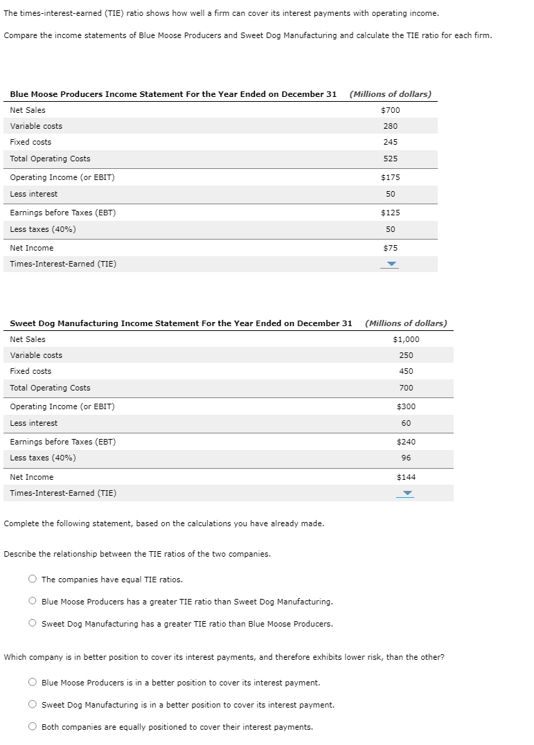 Solved The times-interest-earned (TIE) ratio shows how well | Chegg.com