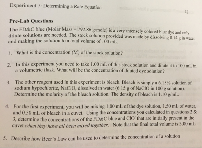 Solved Experiment 7: Determining a Rate Equation Pre-Lab | Chegg.com