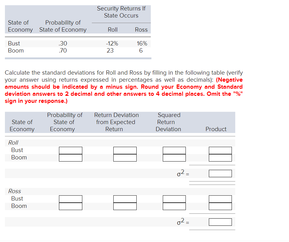Solved Security Returns If State Occurs State of Probability | Chegg.com