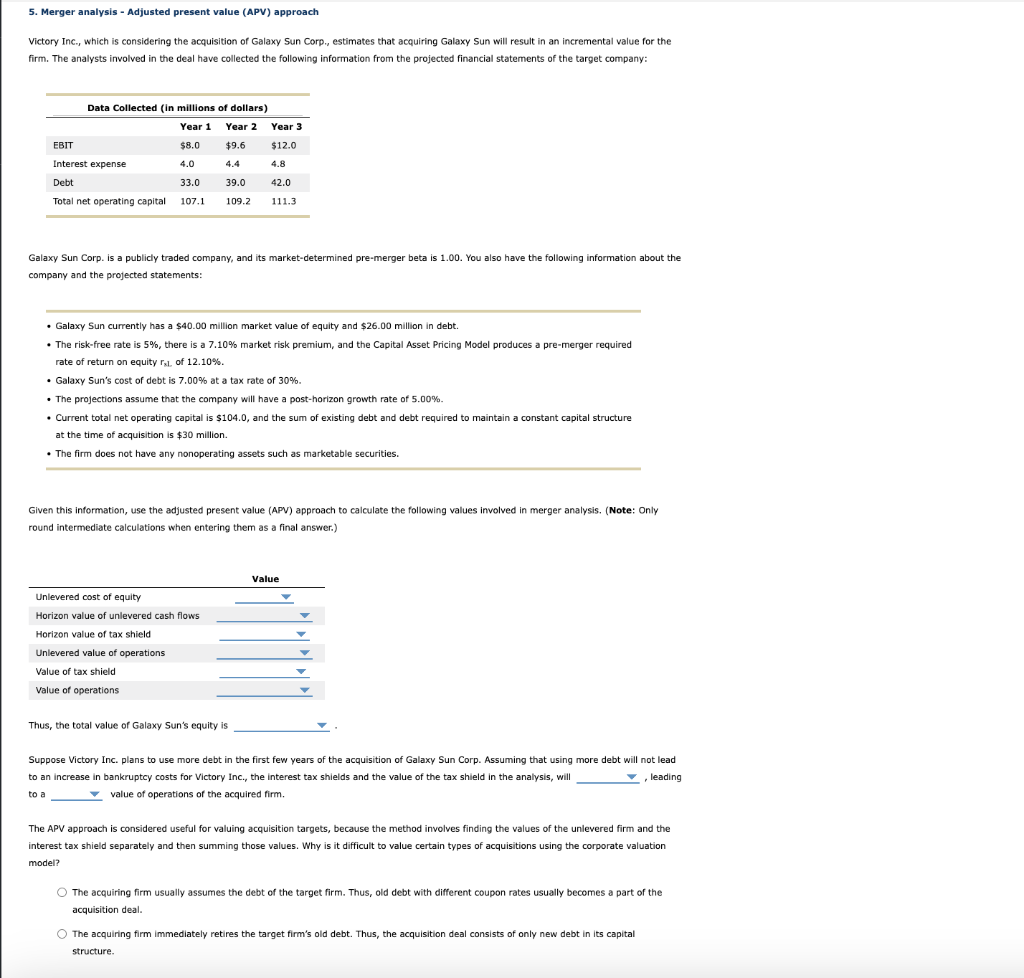 5. Merger analysis - Adjusted present value (APV) | Chegg.com