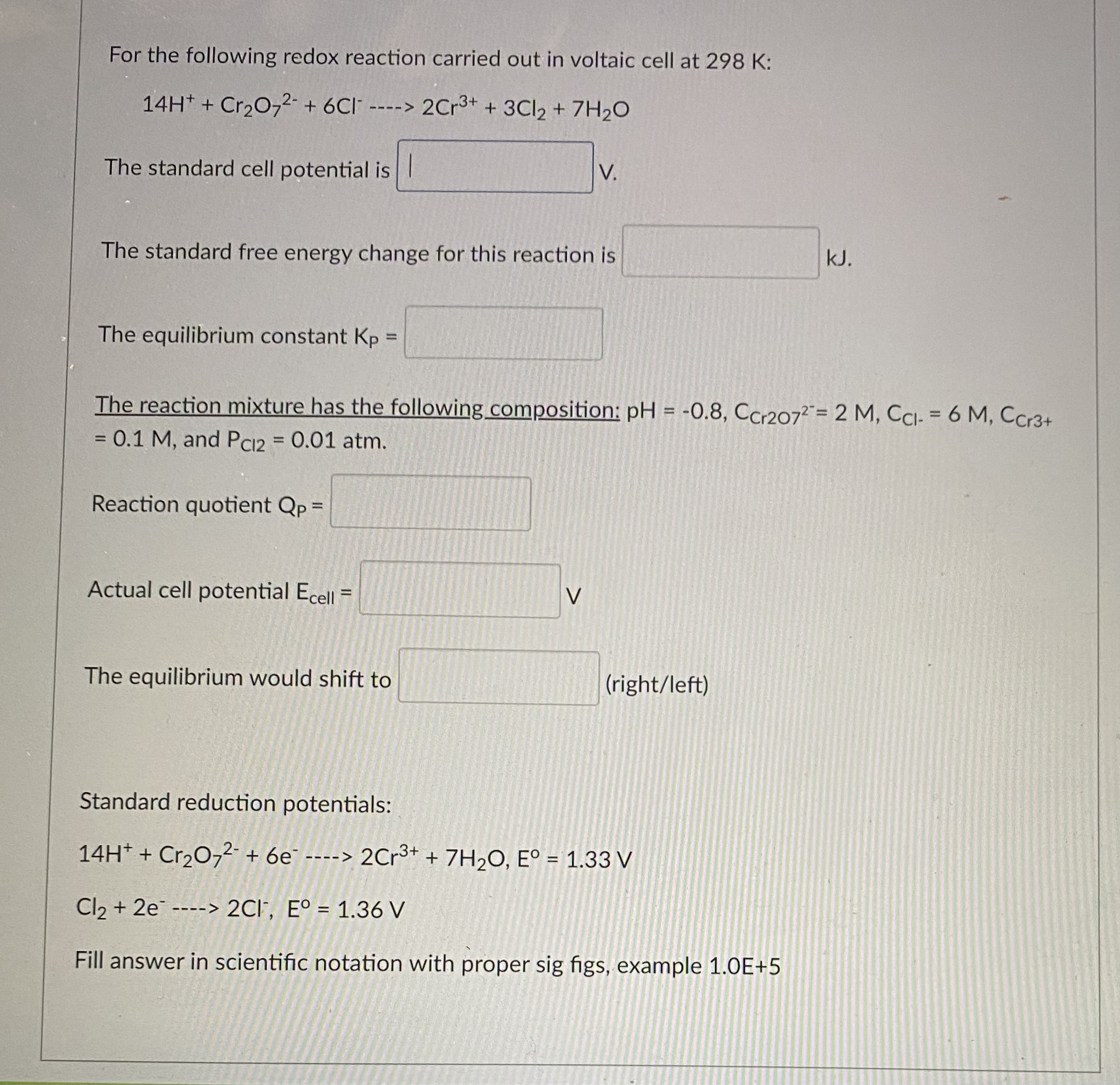 Solved For the following redox reaction carried out in | Chegg.com