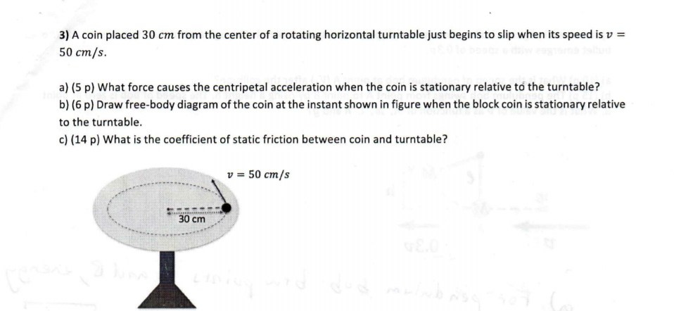 Solved 3) A coin placed 30 cm from the center of a rotating | Chegg.com
