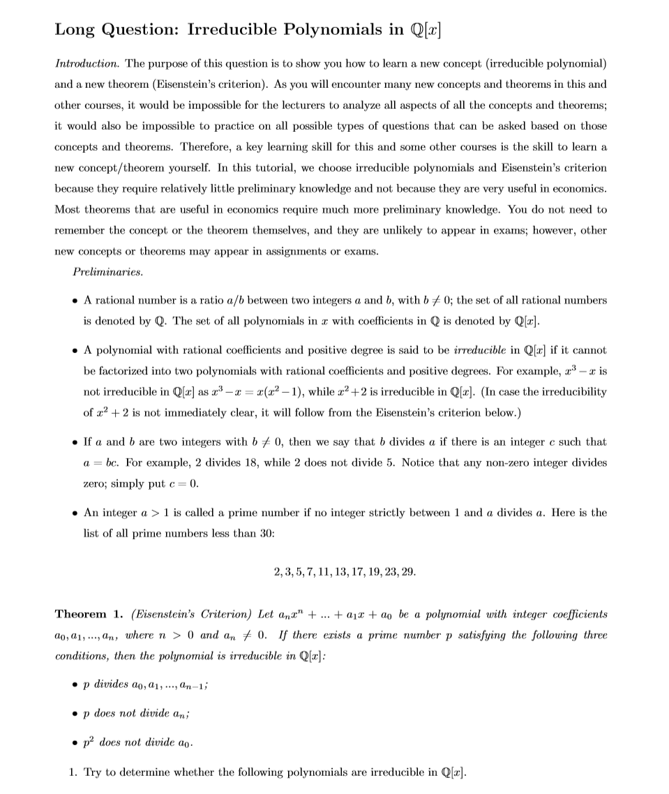 Solved Long Question: Irreducible Polynomials in Q2 | Chegg.com