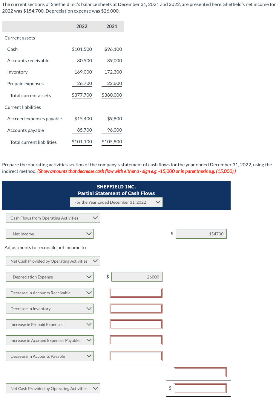 Solved The current sections of Sheffield Inc.'s balance | Chegg.com