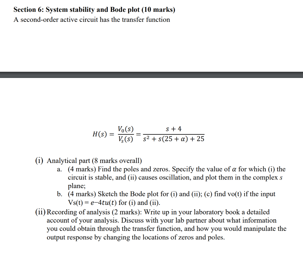 Solved Section 6: System stability and Bode plot (10 marks) | Chegg.com