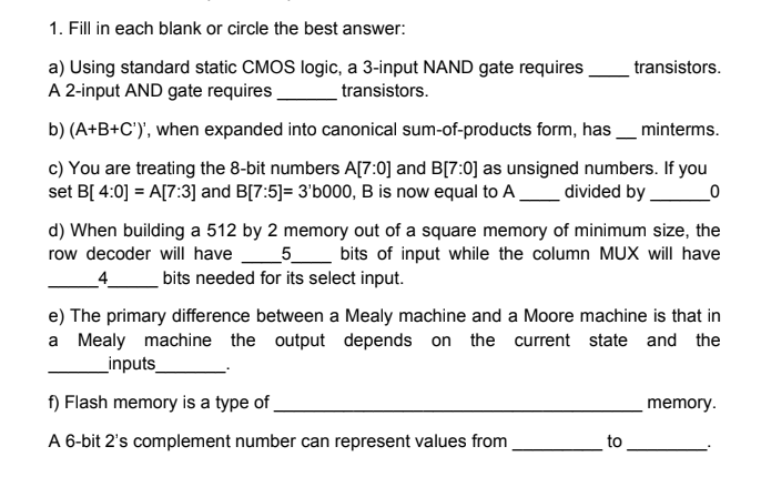 Solved 1. Fill in each blank or circle the best answer: a) | Chegg.com