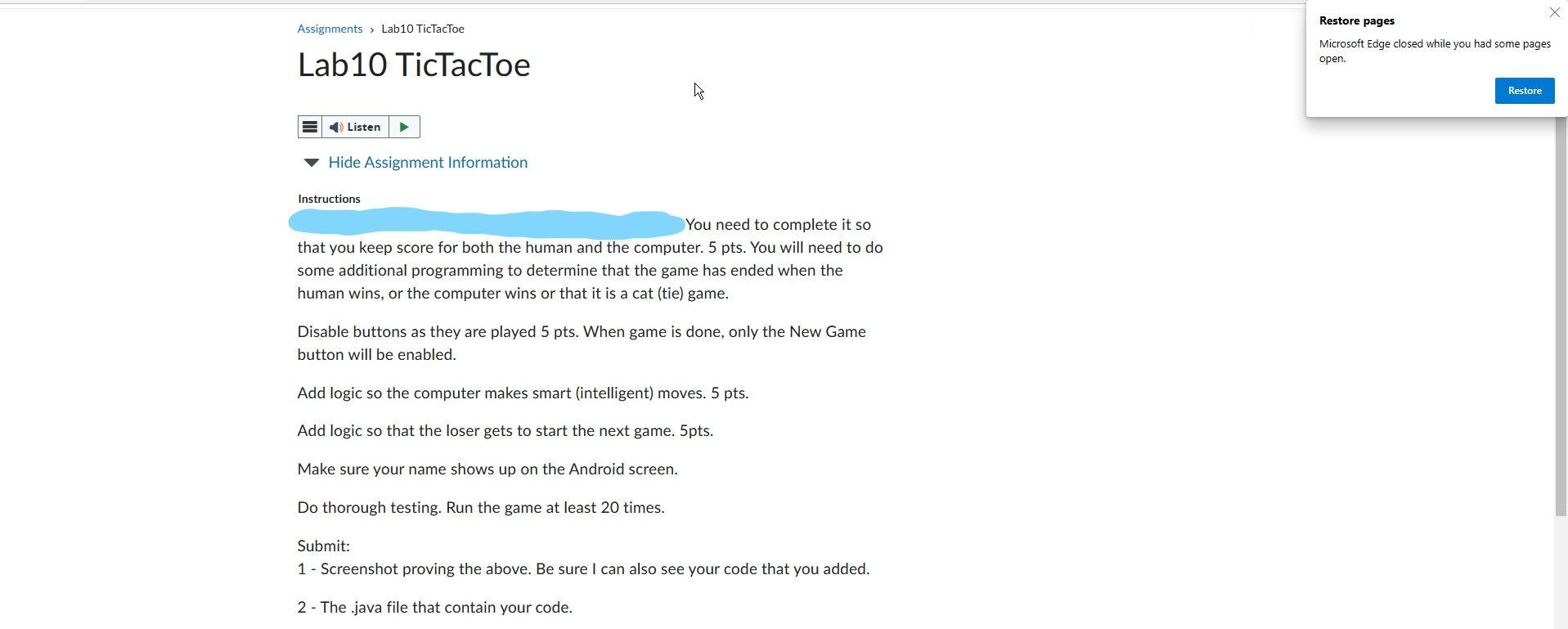 Solved Assignments , Lab10 TicTacToe Restore pages Microsoft | Chegg.com