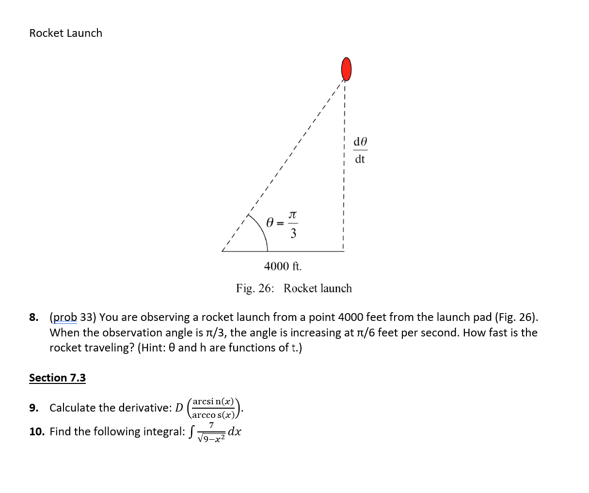 Solved Rocket Launch dᎾ dt л = 4000 ft. Fig. 26: Rocket | Chegg.com