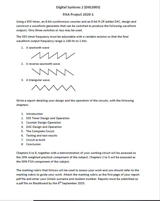 Solved Digital Systems 2 (DIG2005) FISA Project 2020-1 Using | Chegg.com