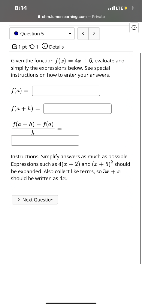 Solved Given the function f(x)=4x+6, evaluate and simplify | Chegg.com