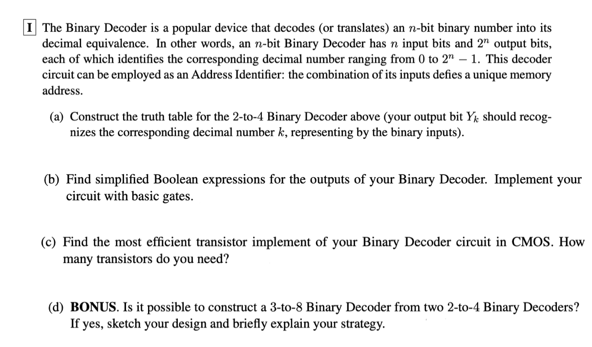 Solved The Binary Decoder is a popular device that decodes | Chegg.com