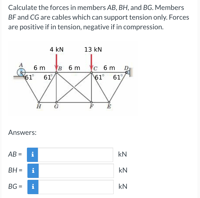 Solved Calculate the forces in members AB,BH, and BG. | Chegg.com