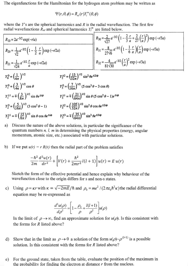 Solved The eigenfunctions for the Hamiltonian for the | Chegg.com