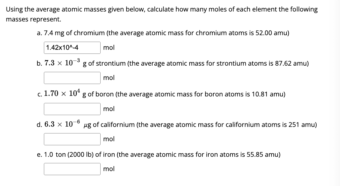 Solved Using the average atomic masses given below, | Chegg.com