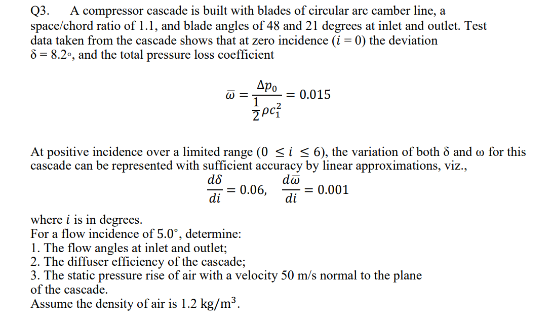 Q3. ﻿A compressor cascade is ﻿built with blades of | Chegg.com