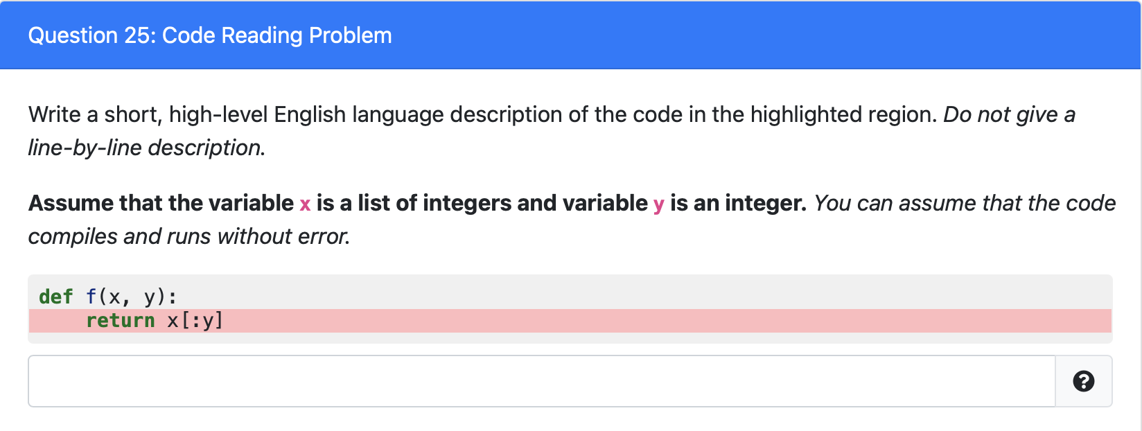 Solved Question 25: Code Reading Problem Write a short, | Chegg.com