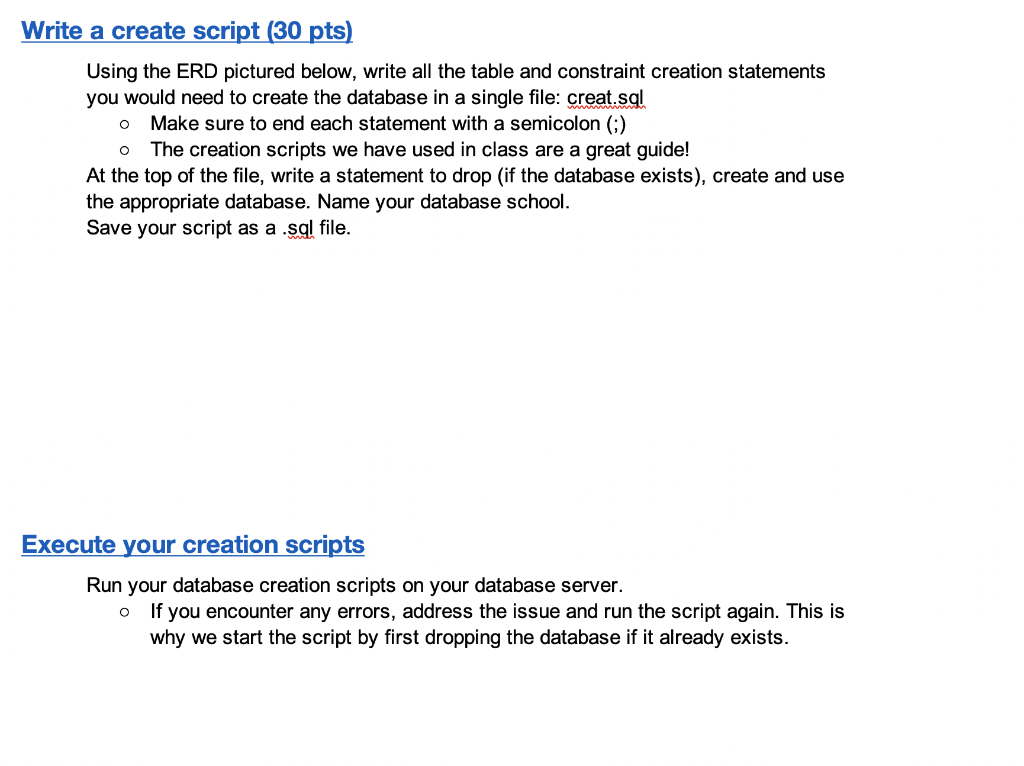 Write a create script (30 pts) Using the ERD pictured | Chegg.com