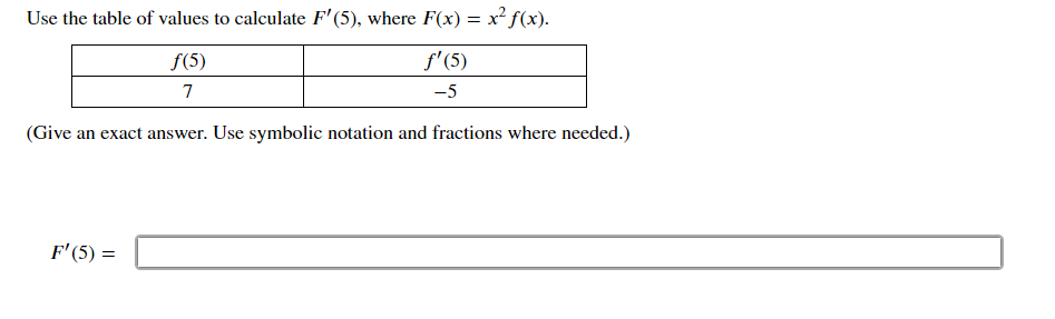 Solved Use the table of values to calculate F′(5), where | Chegg.com