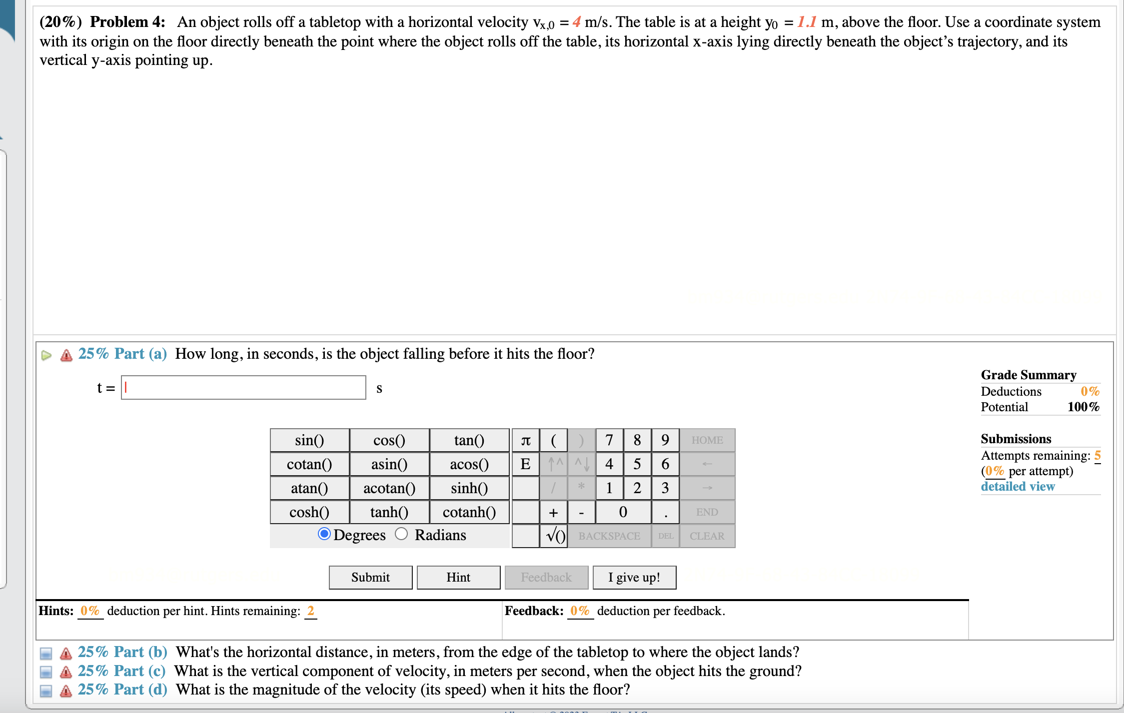 Solved (20\%) Problem 4: An object rolls off a tabletop with | Chegg.com