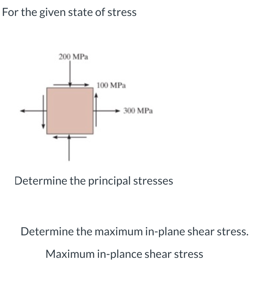 Solved For the given state of stress 200 MPa 100 MPa 300 MPa | Chegg.com