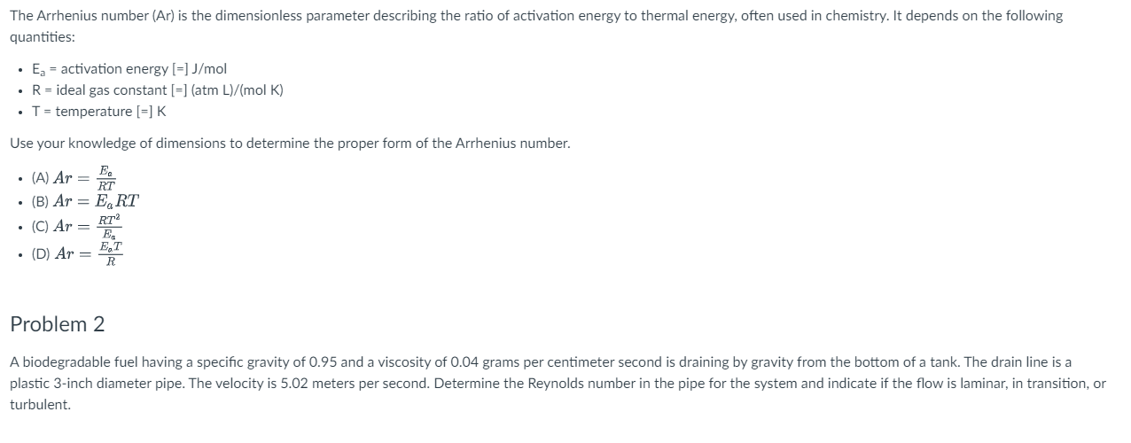 Solved The Arrhenius number (Ar) is the dimensionless | Chegg.com