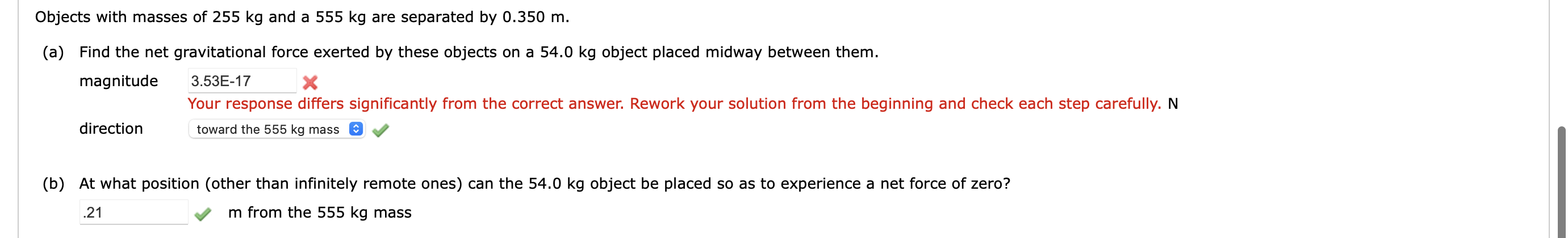Solved Objects with masses of 255 kg and a 555 kg are | Chegg.com