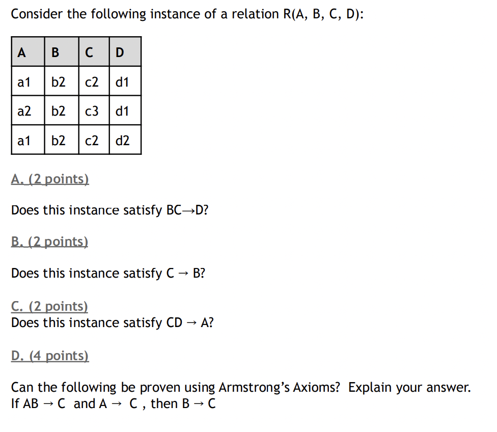 Solved Consider the following instance of a relation R(A, B, | Chegg.com
