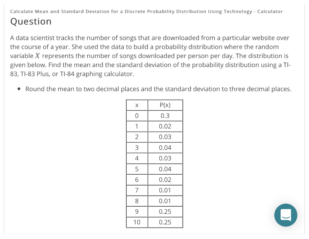 Solved Calculate Mean And Standard Deviation For A Discrete Chegg