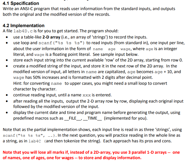 Solved 4.1 Specification Write an ANSI-C program that reads | Chegg.com