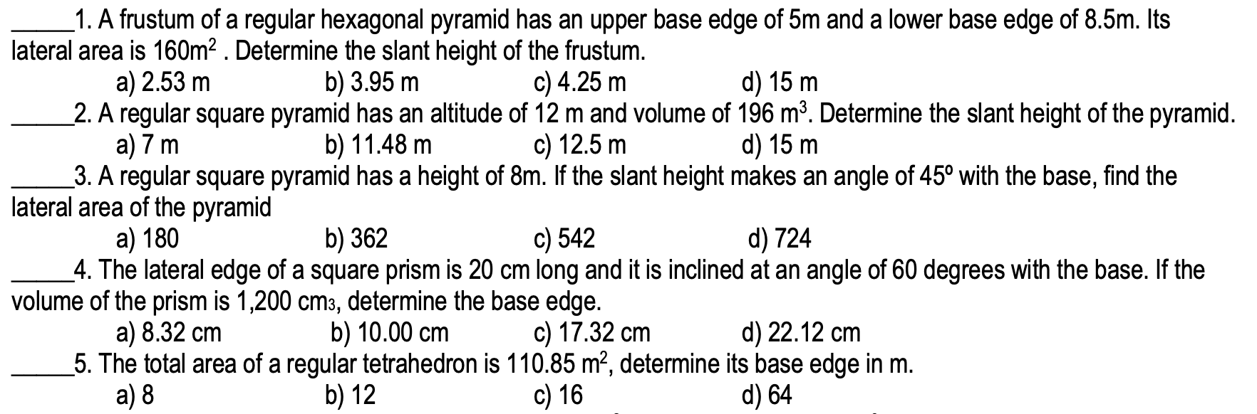 Solved 1. A frustum of a regular hexagonal pyramid has an | Chegg.com
