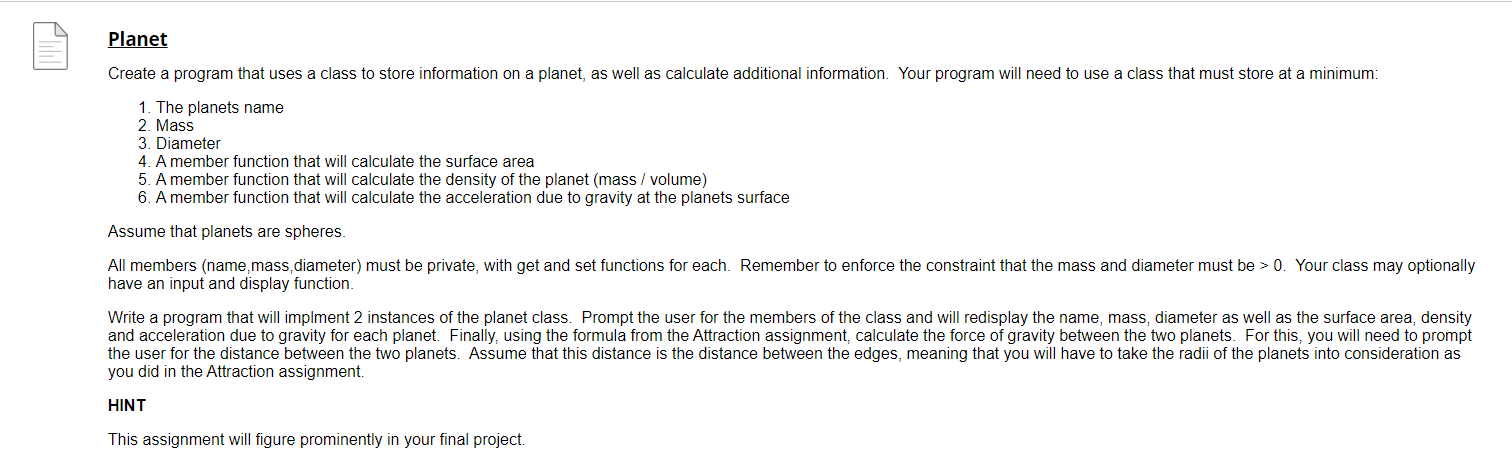 Solved PlanetThe planets nameMassDiameterA member function | Chegg.com