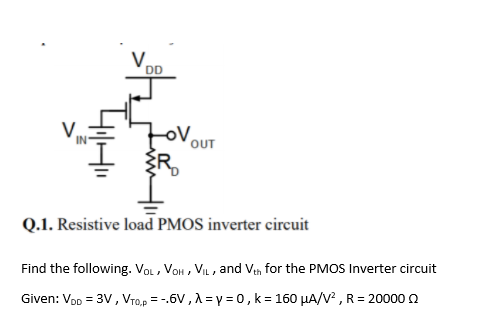 Solved DD OV OUT Q.1. Resistive load PMOS inverter circuit | Chegg.com