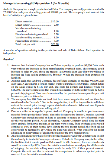 Solved Managerial accounting (SUM) - ﻿problem 2 (for 20 | Chegg.com