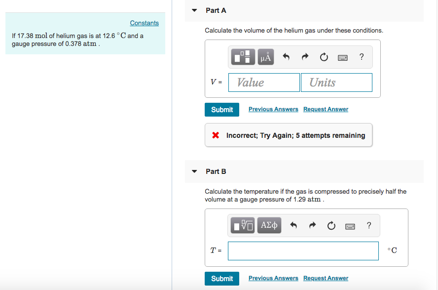 Solved Part A Constants Calculate the volume of the helium | Chegg.com
