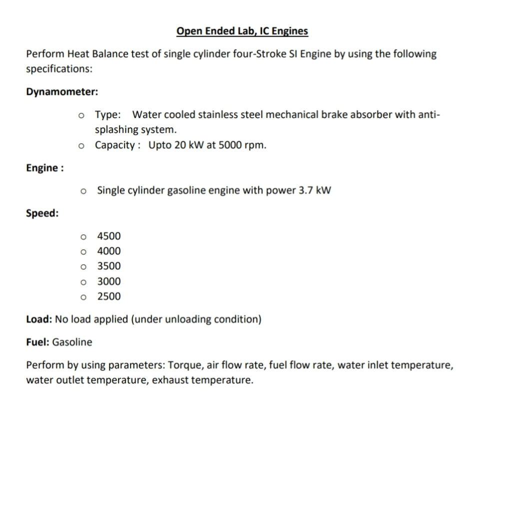 Open Ended Lab, IC Engines Perform Heat Balance test | Chegg.com