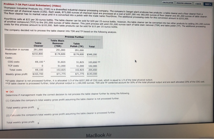 CALCULATOR PRINTER VERsION Problem 7-3A Part Level | Chegg.com