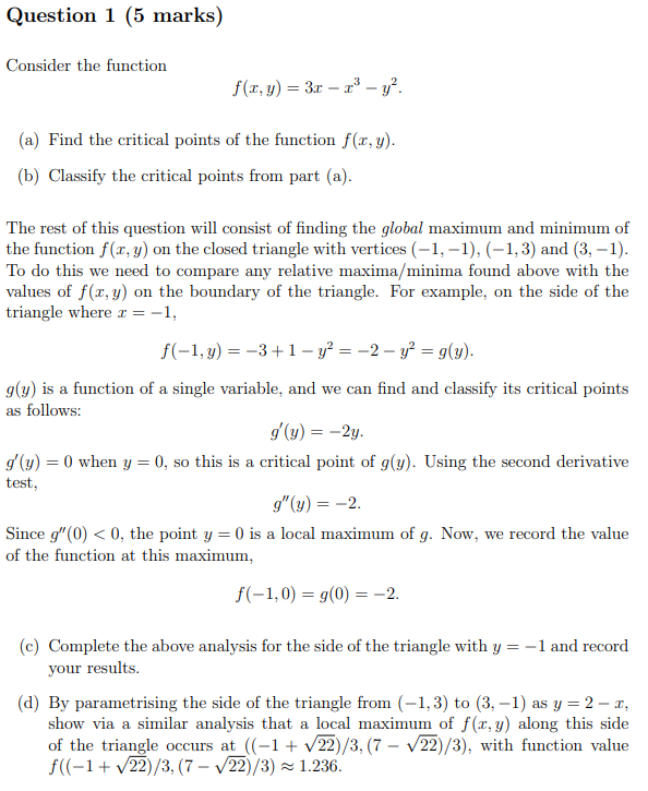 Solved Question 1 (5 marks) Consider the function f(x,y) = | Chegg.com